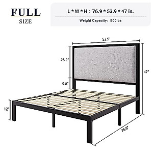 Allewie Full Size Bed Frame with 47'' Tall Upholstered Headboard, High Metal Bed Frame with 12'' Under-Bed Storage Space/Wood Slats Support/Easy Assembly/No Box Spring Need/Noise-Free/Grey