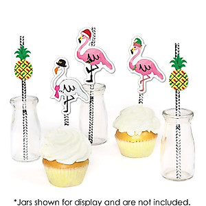 Big Dot of Happiness Flamingle Bells - Paper Straw Decor - Tropical Flamingo Christmas Party Striped Decorative Straws - Set of 24