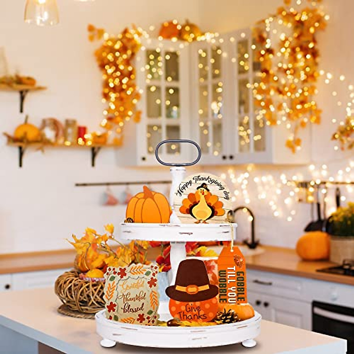 MAONAME Distressed White Tiered Tray, Wooden 2 Tier Tray with Metal Handle, 14.5" x 14.5" x 18", Farmhouse 2 Tier Tray Decor, Rustic Two Tiered Tray for Seasonal Decorations