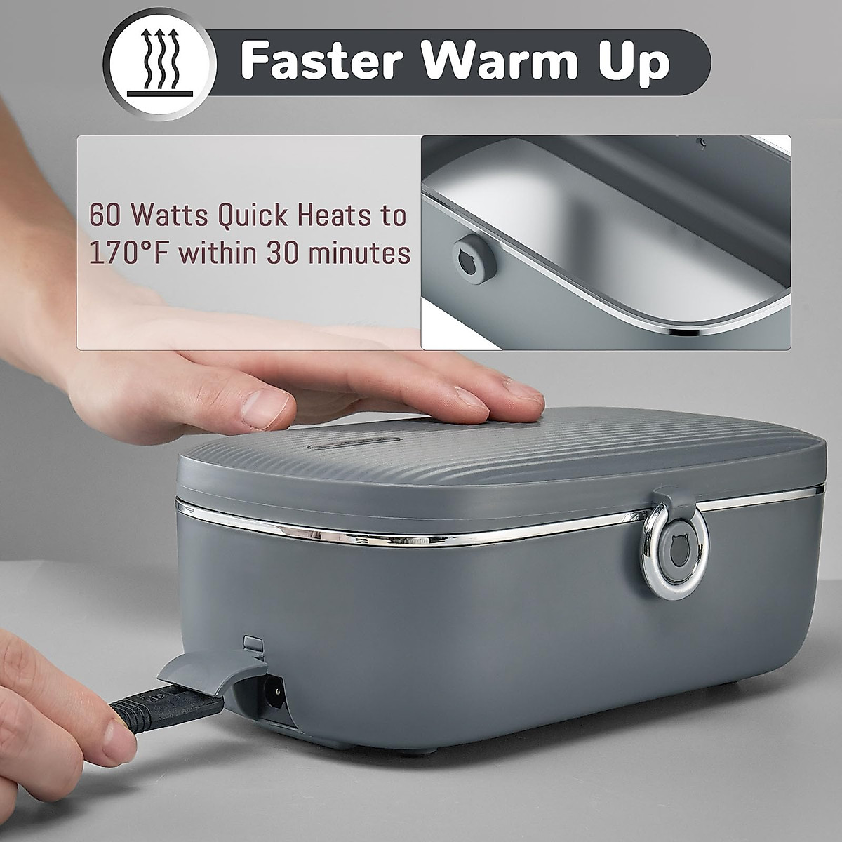 Caperci Electric Lunch Box Food Heater, 30 oz Portable Food Warmer - 110V Faster Leakproof Heated Lunch Boxes for Adults with Stainless Steel Container for Travel, Office, Home (Gray)