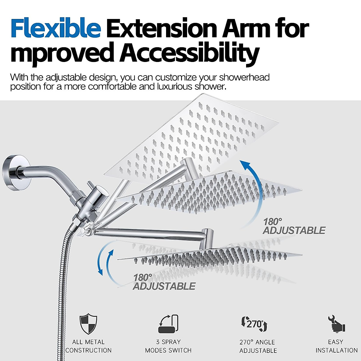 Shower Head,8”Rain Shower Head with Handheld Spray Combo with 11'' Angle Adjustable Extension Arm/Flow Regulator/Shower System,High Pressure Rainfall Shower Head Clean Bathroom,Chrome