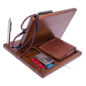 TESLYAR Natural Ash Wood Phone Docking Station National American USA Flag Hooks Key Holder Watch Organizer Men Gift Husband Anniversary Birthday Nightstand Purse Father Graduation Male