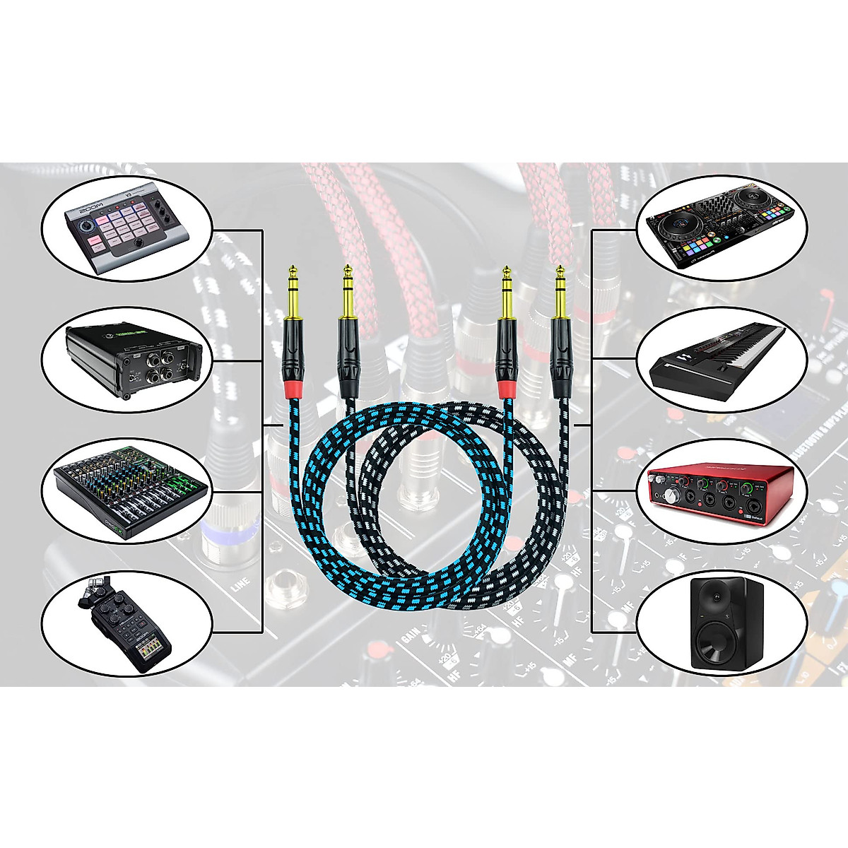 Mugteeve Balanced 1/4 Inch TRS to TRS Male Instrument Patch Cable, 6.6 Feet Stereo Quarter Inch 6.35mm to 6.35mm Audio Cord, Nylon Braided Heavy Duty, for Interface, Mixer, Speaker - 2 Pack