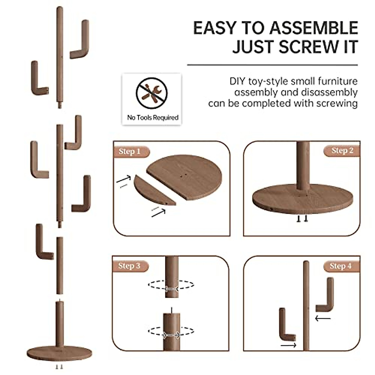 KASLANDI Coat Rack,Unique Design Cactus Coat Rack Freestanding，FAS Grade Rubber Wood,Adjustable Height Wooden Coat Rack Stand with 6 Hooks, Coat Tree Easy to Assemble (Walnut)