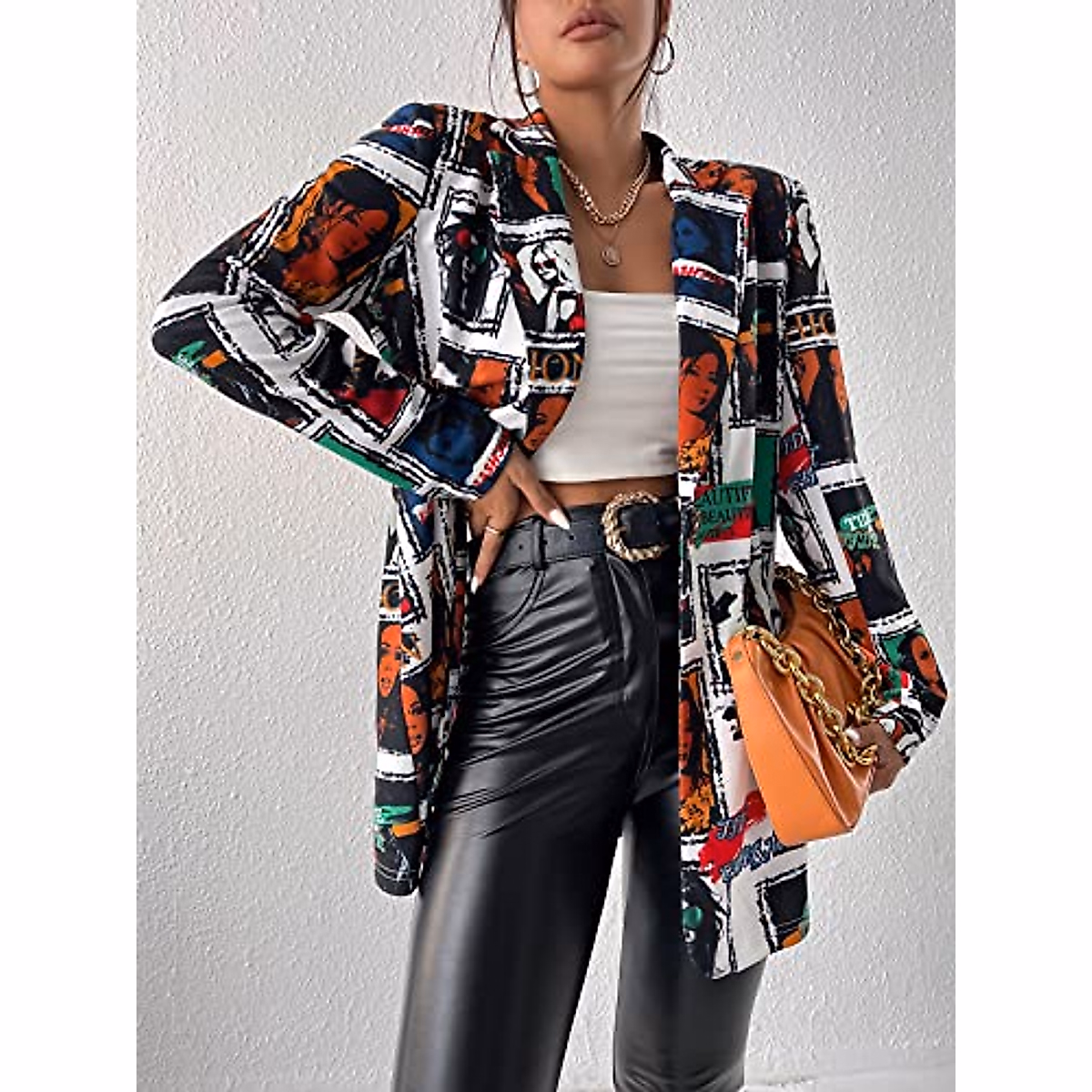 WDIRARA Women's Graphic Print Button Front Long Sleeve Causal Work Blazer Jacket Coat Multicolor White M