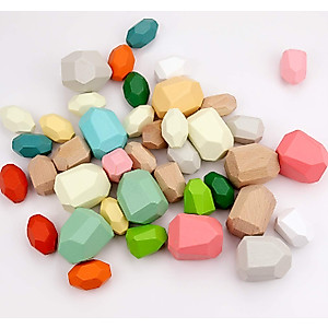 LSJDEER 40 PCS Wooden Rocks Balance Stones Building Blocks Set, Colored Wood Balancing Stone Stacking Game, Lightweight Natural Educational Preschool Learning Large Small Puzzle Toy for Kids