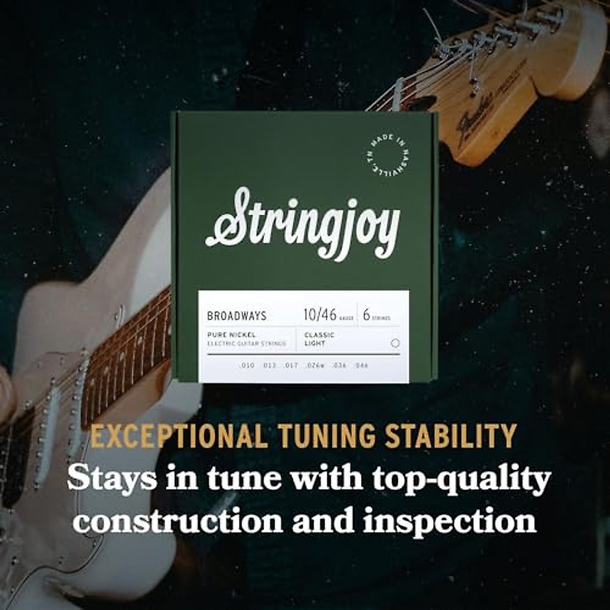 Stringjoy BR1046 Broadways Electric Pure Nickel Guitar Strings, 10-46 Classic Light Gauge, Durable, Guitar Strings for Enhanced Tone & Smooth Play, Electric Guitar Strings 6 String Set