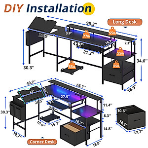 UPOSOJA L Shaped Gaming Desk with Keyboard Tray, Adjustable Drafting Table, Reversible Home Office Desk with Storage, Power Outlet LED Light File Cabinet Monitor Stand Printer Space (Black)
