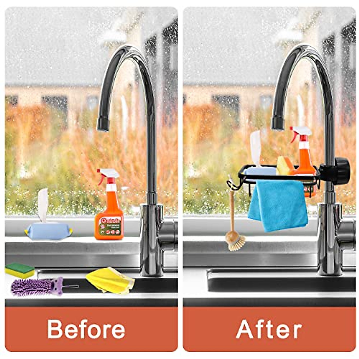 2 in 1 Faucet Sponge Holder,Kitchen Sink Detachable Hanging Organizer and Shower Organizer and Wall Mounted Soap Dish Holder for Kitchen Bathroom with Hook and Bar