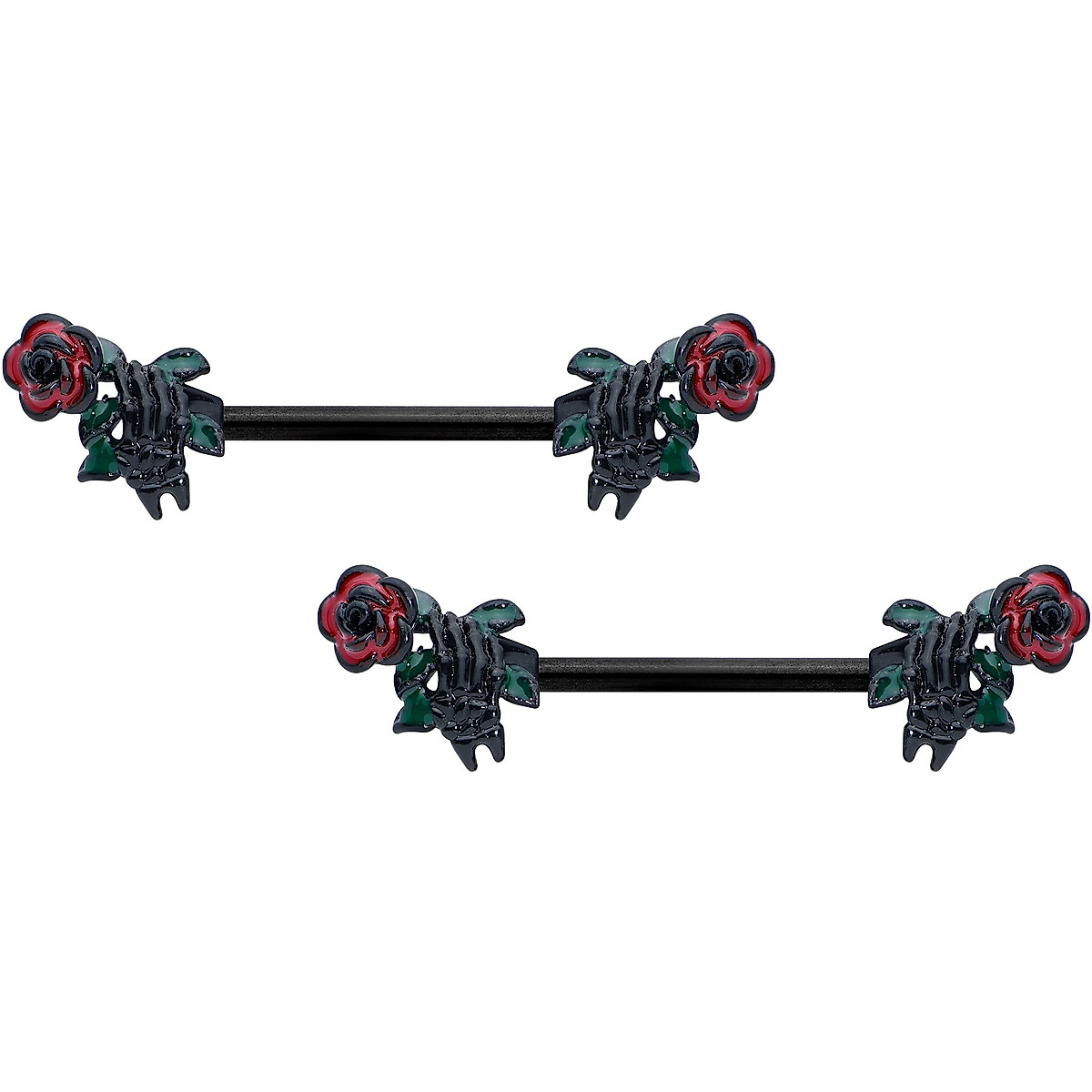 Body Candy 14G Womens Nipplerings Piercing Black PVD Steel 2Pc Skeleton Hands Flower Nipple Ring Set 9/16"
