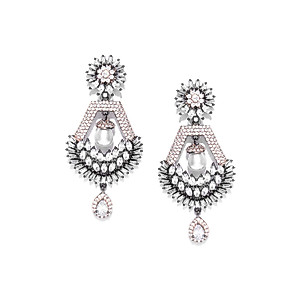 Priyaasi Dual-Toned Pearl American Diamond Earrings for Women | Fashionable Floral Drop Design | Brass Metal | Pushback Closure | Silver Prom Earrings for Women - Party & Wedding