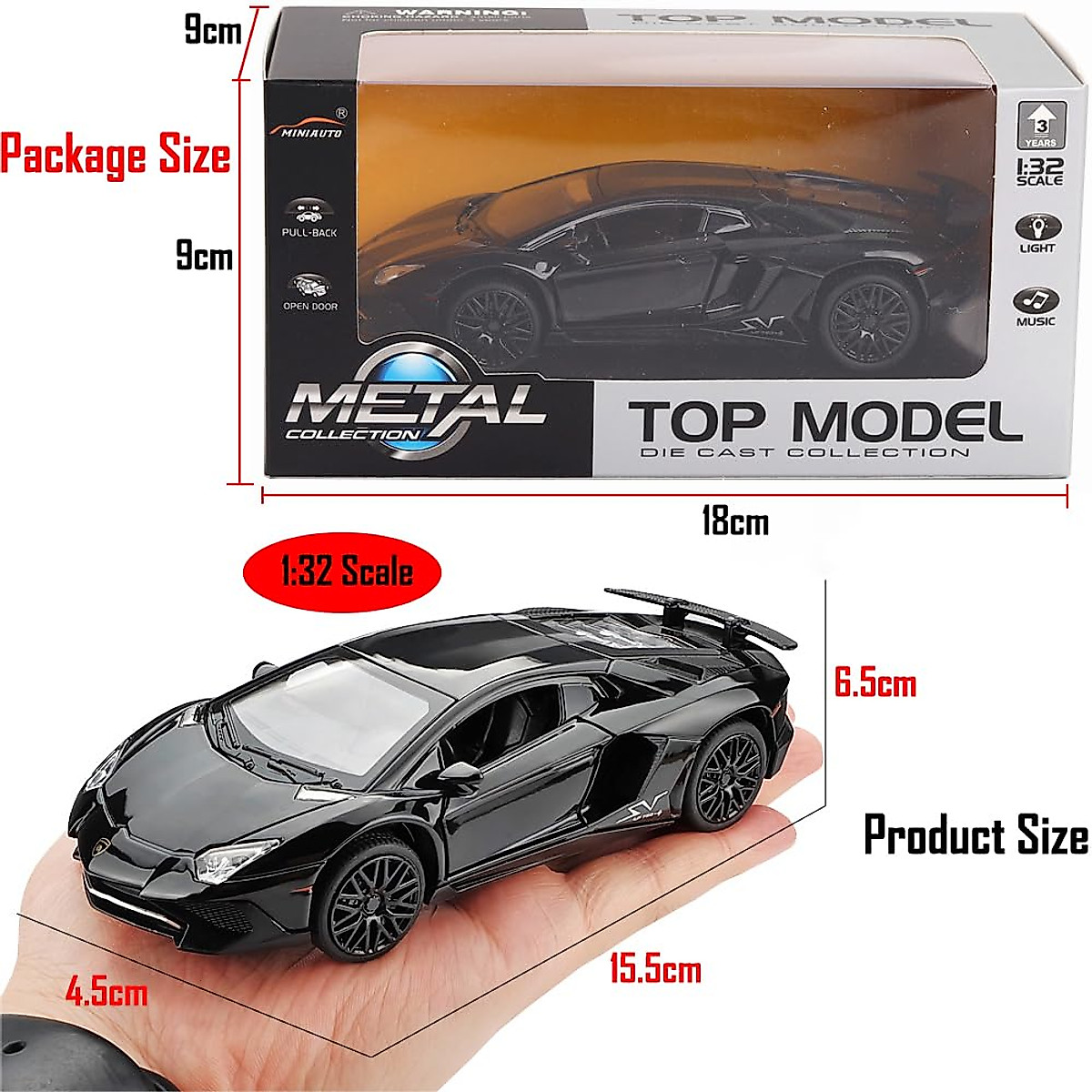 iLooboo Alloy Collectible Black Lambo Toy Car Model Pull Back Die-Cast Vehicle with Lights and Sound