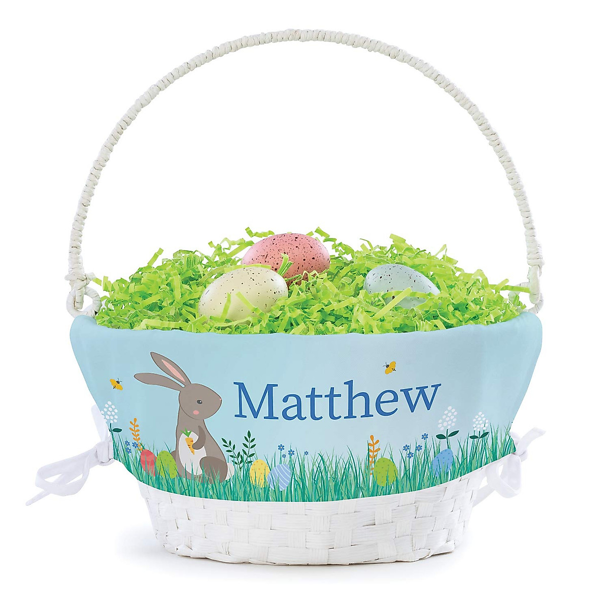 Personalized Meadow Easter Egg Basket with Handle and Custom Name | Boy Bunny Easter Basket Liners | White Basket | Woven Easter Baskets for Kids | Customized Easter Basket | Gift for Easter