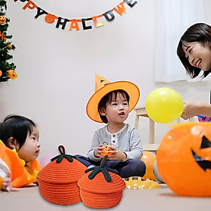 WAXCMXYH Pumpkin Basket with Lid, Halloween Hand Woven Pumpkin Shape Candy Basket Decorative, Orange Rope Braided Basket Snacks Organizer for Trick or Treat, Fall Harvest Table Decor