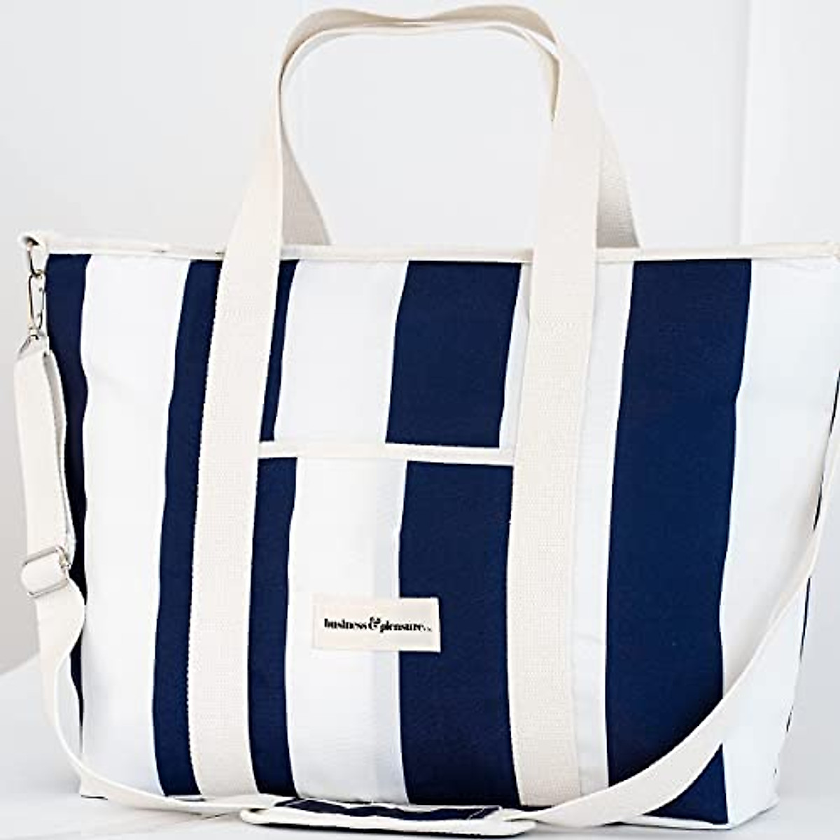 Business & Pleasure Co. Holiday Cooler Tote Bag - Cute Vintage Beach Tote Bag - Totes Drinks or Beach Essentials - Leakproof Lining - Navy Crew Stripe, 42L