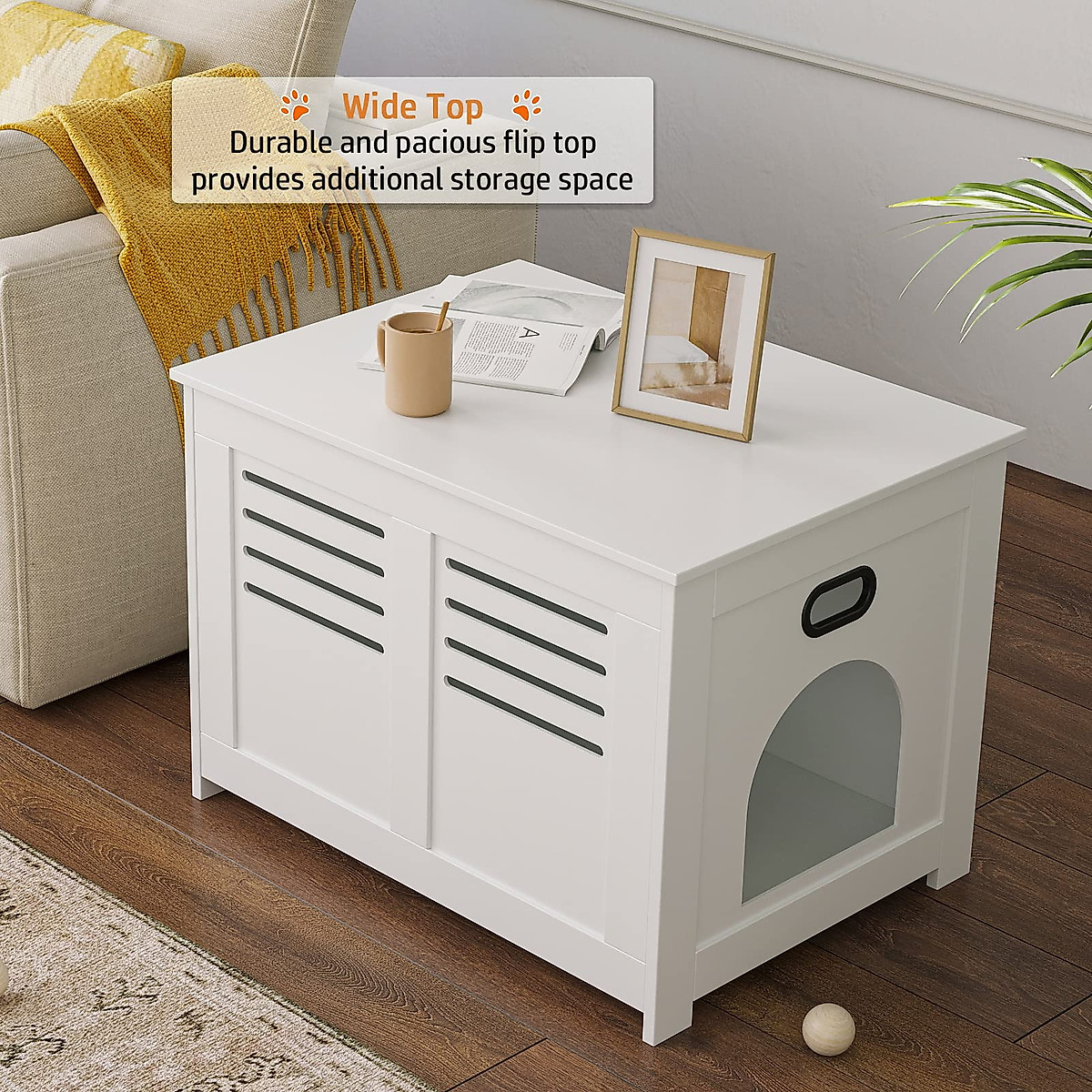DINZI LVJ Hidden Cat Litter Box Enclosure, Flip Top Cat Washroom Furniture, Good Ventilation, Entrance Can Be on The Left or Right, Enclosed Cat Litter House Side Table for Most of Litter Box, White
