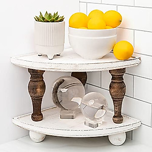 DAILY RITMO Corner Counter Wood Shelf | Stackable Countertop Bathroom Organizer | Farmhouse White Wash Tray Riser Wooden Shelves 2-Pack | Rustic Decorative Pedestal Stand | Triangular Storage Pedestal