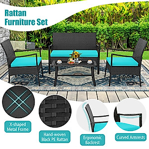 Tangkula 4 Pieces Rattan Conversation Set, Patio Sofa Couch Set with Tempered Glass Coffee Table, Seat Cushions, Outdoor Wicker Loveseat Set for Poolside, Courtyard, Balcony (1, Turquoise)