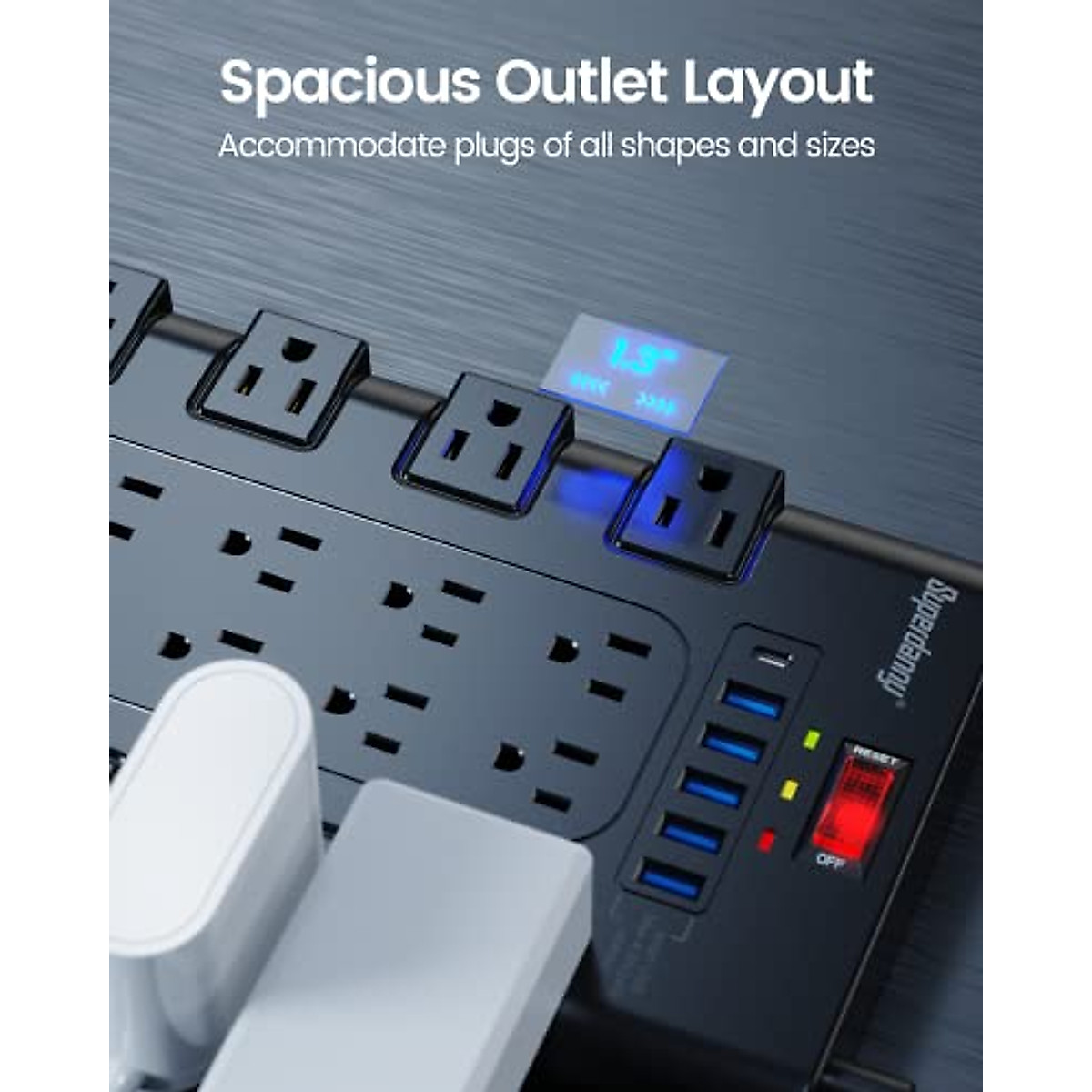 Power Strip, SUPERDANNY Surge Protector with 22 AC Outlets and 6 USB Charging Ports, 1875W/15A, 2100 Joules, 6.5Ft Flat Plug Heavy Duty Extension Cord for Home, Office, Dorm, Gaming Room, Black