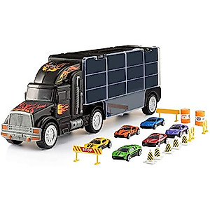 Toy Truck Transport Car Carrier - Toy truck Includes 6 Toy Cars and Accessories Fits 28 Toy Car Slots - Great car toys Gift For Boys and Girls - Original - By Play22