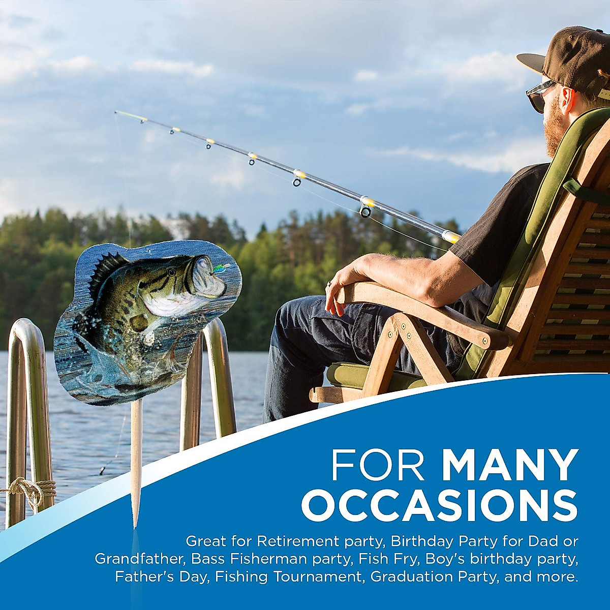 Havercamp 24 Count Bass Party Picks | Gone Fishin' Party Collection for Birthday, Retirement, Fishing Tournament