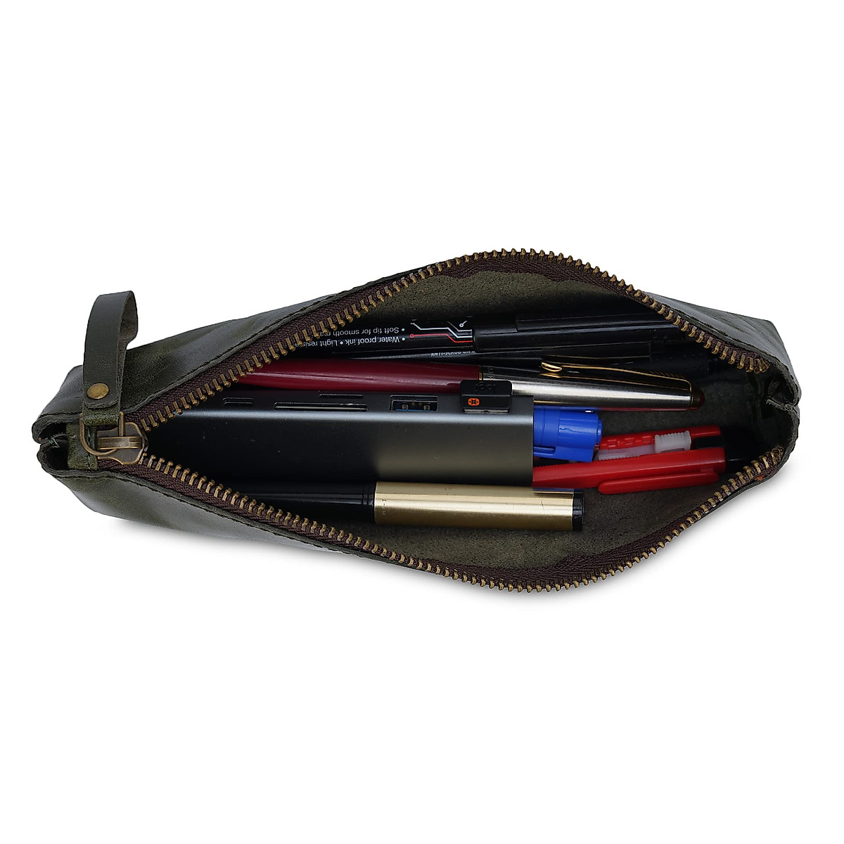 Leather Pencil Pouch, Make-up Brush Pouch, Leather Pencil Case, Zippered Pouch for Make-up essentials, Pen Case, Pen & Marker Case, Pencil Case For Students & School (Forest Green)