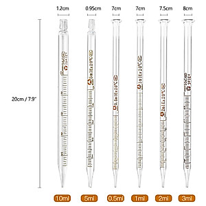 HOAOH 6 Pieces Glass Pipettes 10ml 5ml 3ml 2ml 1ml 0.5ml Glass Graduated Dropper Pipette for School, Students, Transfer for Liquid Essential Oil