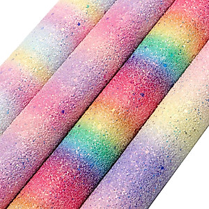 David Angie Gradient Color Faux Leather Sheet Chunky Glitter Sequins Synthetic Leather Assorted 4 PCS 7.7" x 12.9" (20 cm x 33 cm) for Hair Accessories DIY Crafts Making (Rainbow)