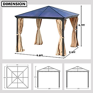 COWVIE 10 x 10 FT Polycarbonate Roof Gazebo, Aluminum Frame Gazebo with Mosquito Netting and Curtains,Suitable for Patio, Backyard, Deck, Lawns