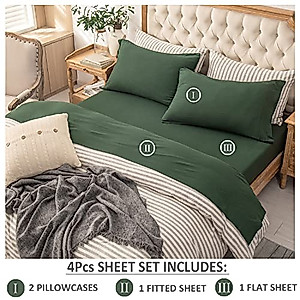 PURE ERA Jersey Knit 4pc Bed Sheet Set 100% T-Shirt Cotton Super Soft Comfy Breathable Fits Mattress Up to 20" Extra Deep Pocket (Solid Forest Green, Queen)