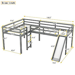 BOVZA L-Shaped Double Twin Size Loft Bed with Slide, Wooden Low Loft Bed Frame with Built-in Ladder and Safety Guardrail for 2 Kids Girls or Boys, Gray
