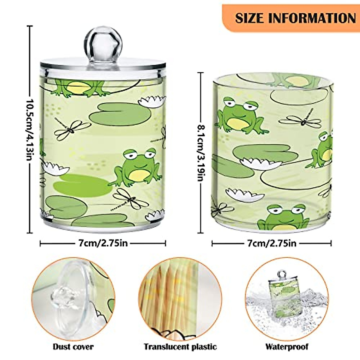 xigua 2 Pack Qtip Holder Dispenser with Lids Frog Lotus Dragonfly Clear Plastic Jar Set for Bathroom Canister Storage Organization,Vanity Makeup Organizer#287