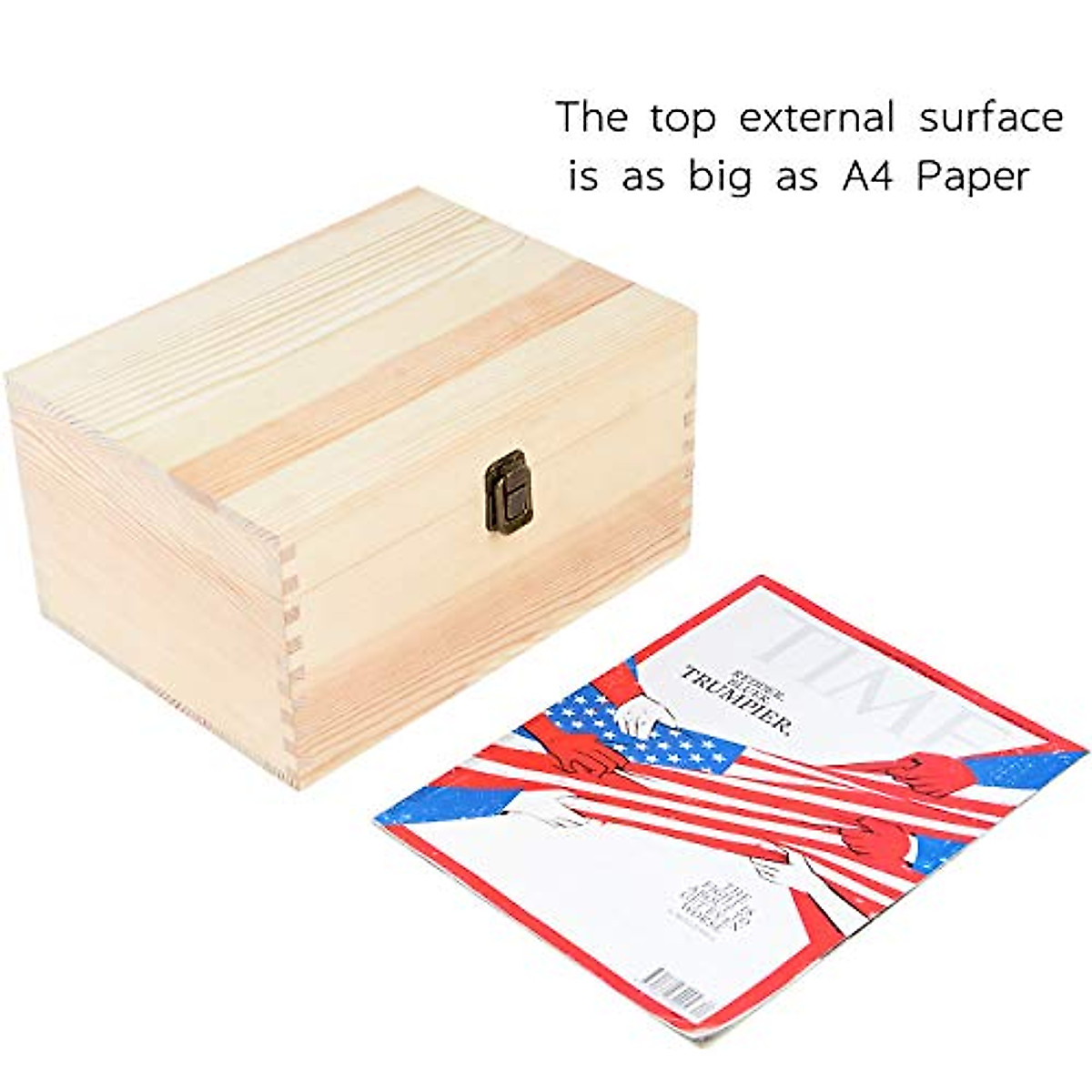 Extra Large Rectangle Unfinished Pine Wood Box Natural DIY Craft Stash Boxes with Hinged Lid and Front Clasp for Arts Hobbies and Home Storage-10.71x8x5.66 Inches