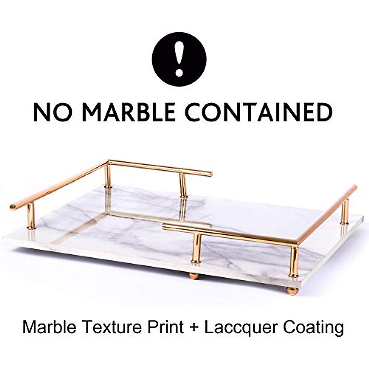 PuTwo Decorative Tray, MDF Tray with Marble Print, Handmade Vanity Tray, Perfume Tray with Gold Metal Handle, Trinket Tray, Catchall Tray for Dresser Bathroom Vanity Table (Gray and White)