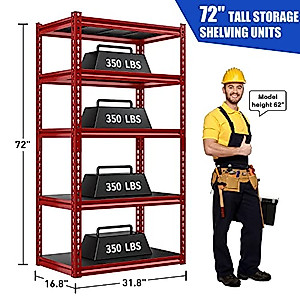 REIBII Garage Shelving Heavy Duty 72" Garage Storage Shelves 5 Tier Adjustable Heavy Duty Shelving 1750LBS Metal Storage Shelving Unit for Basement Garage Storage Rack 72"H x 16.8"D x31.8"W Red Black