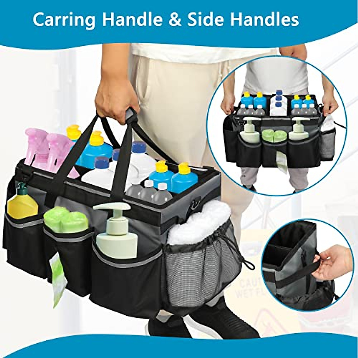 Graciadeco Large Cleaning Caddy Organizer with Handle for Housekeeper Cleaner Cleaning Caddy Bag and Adjustable Strap 16x10x10 inches Detailing Bag Storage Caddy for Cleaning Supplies, Gray