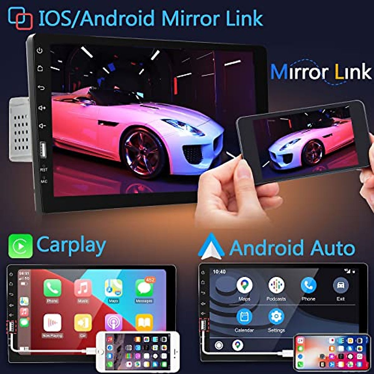 Single Din Apple Carplay Car Stereo with Android Auto, podofo 9" HD Touchscreen Bluetooth Car Radio Supports FM/AM Radio Mirror Link SWC,Car Audio Receivers with Backup Camera/External Mic/USB