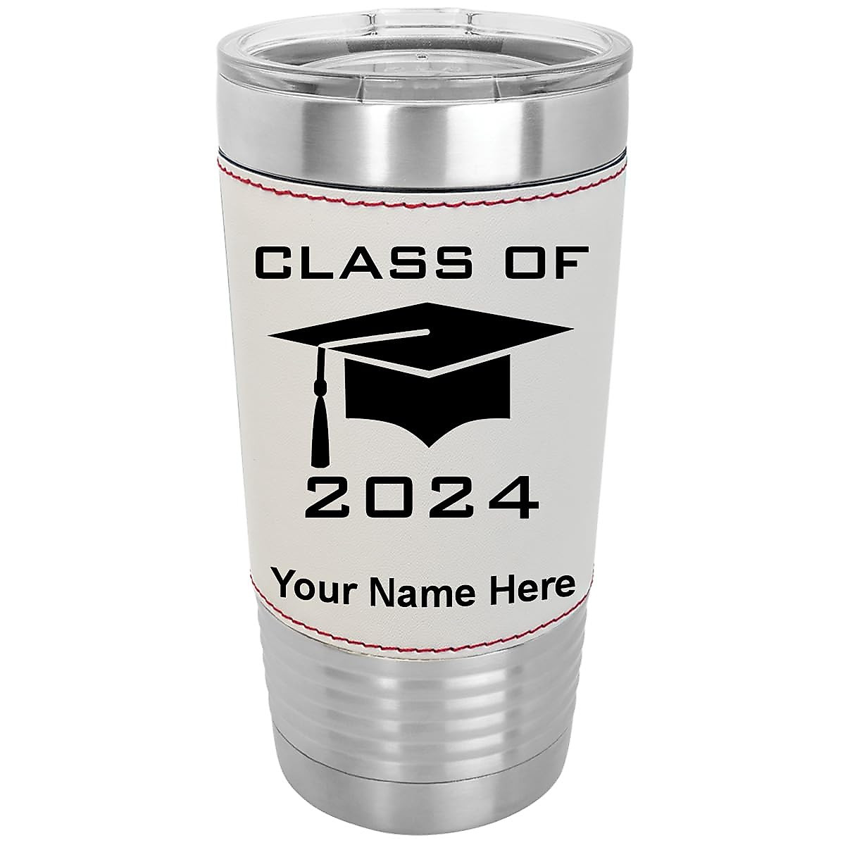 LaserGram 20oz Vacuum Insulated Tumbler Mug, Grad Cap Class of 2023, 2024, 2025, 2026, 2027, Personalized Engraving Included (Faux Leather, Baseball Style)