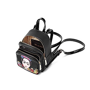 Trendeology Authentic Baby Frida Cartoon Cactus Flower Theme Front Pocket Leather Backpack (Mini Size Baby Frida Cartoon- Black/Black)