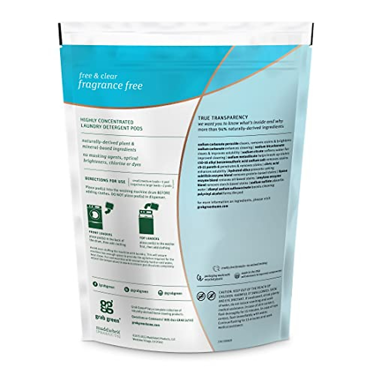 Grab Green 3-in-1 Laundry Detergent Pods, 24 Count, Fragrance Free, Plant and Mineral Based, Superior Cleaning Power, Stain Remover, Brightens Clothes