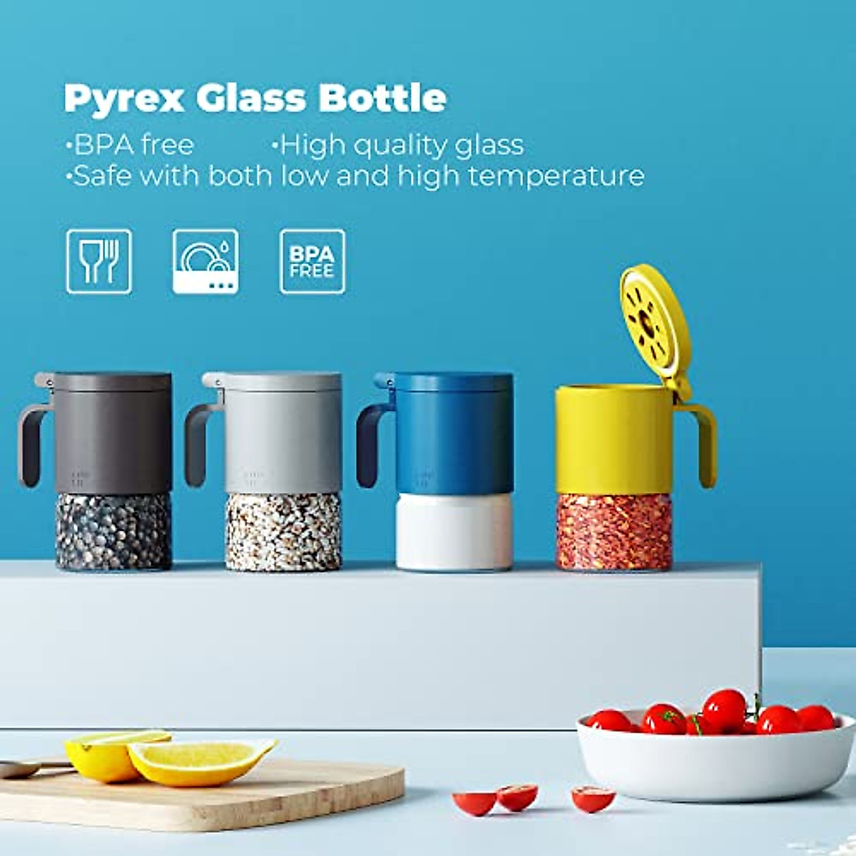 Zuutii Glass Spice Jars,Spice Containers with Spoons, Set of 2 10oz/300ml Spice Bottles, Mini Seasoning Storage Jars with Flapper Caps for Salt, Sugar, Peppers, Chili in Kitchen