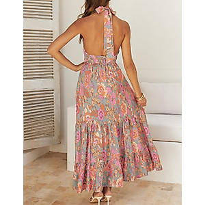 ZESICA Women's 2025 Summer Crossover Halter Neck Sleeveless Plaid Cut Out Backless Flowy A Line Maxi Dress,GreyGreen,Medium