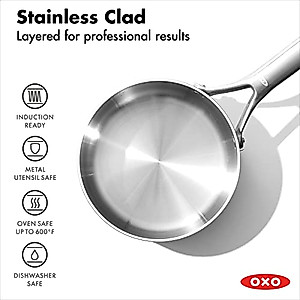 OXO Mira Tri-Ply Stainless Steel, 1.5QT and 3QT Saucepan Pot Set with Lids, Induction, Multi Clad, Dishwasher and Metal Utensil Safe