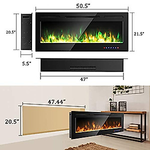 COSTWAY 50-Inch Electric Fireplace, 750W/1500W Wall Recessed and Mounted Fireplace Insert with Remote Control, 9 Flame Colors, 5 Brightness Settings, 8 H Timer, Fireplace Heater for Indoor Use
