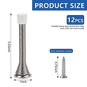KISEER 12 Pack Spring Door Stops 3 1/4" Flexible Heavy Duty Spring Door Stopper with RustProof Screw Rubber Bumper Tips (Satin Nickel)
