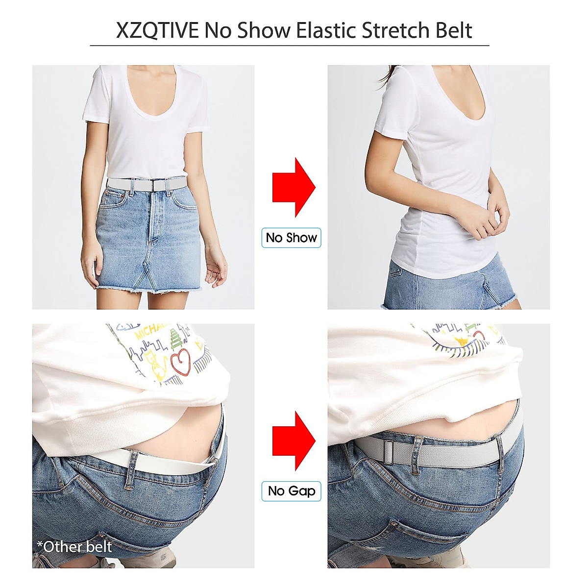 XZQTIVE 4 Pieces 6 Pieces Invisible No Show women Belt Stretch Elastic Adjustable with Flat Buckle for Jeans Pants Dresses