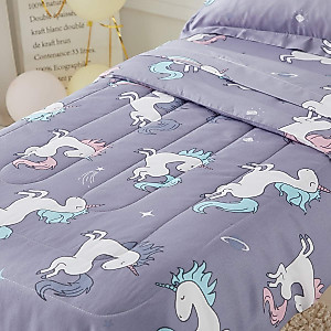 UOZZI BEDDING Unicorn 4 Piece Toddler Bedding Set with Rainbow Stars Blue-Gray - Includes Adorable Quilted Comforter, Fitted Sheet, Top Sheet, and Pillow Case for Girls Boys Bed