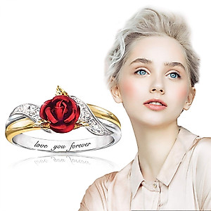 Tuuu Fashion Rose Crystal Ring, Cubic Zirconia Promise Engagement Ring Women Wedding Anniversary Jewelry