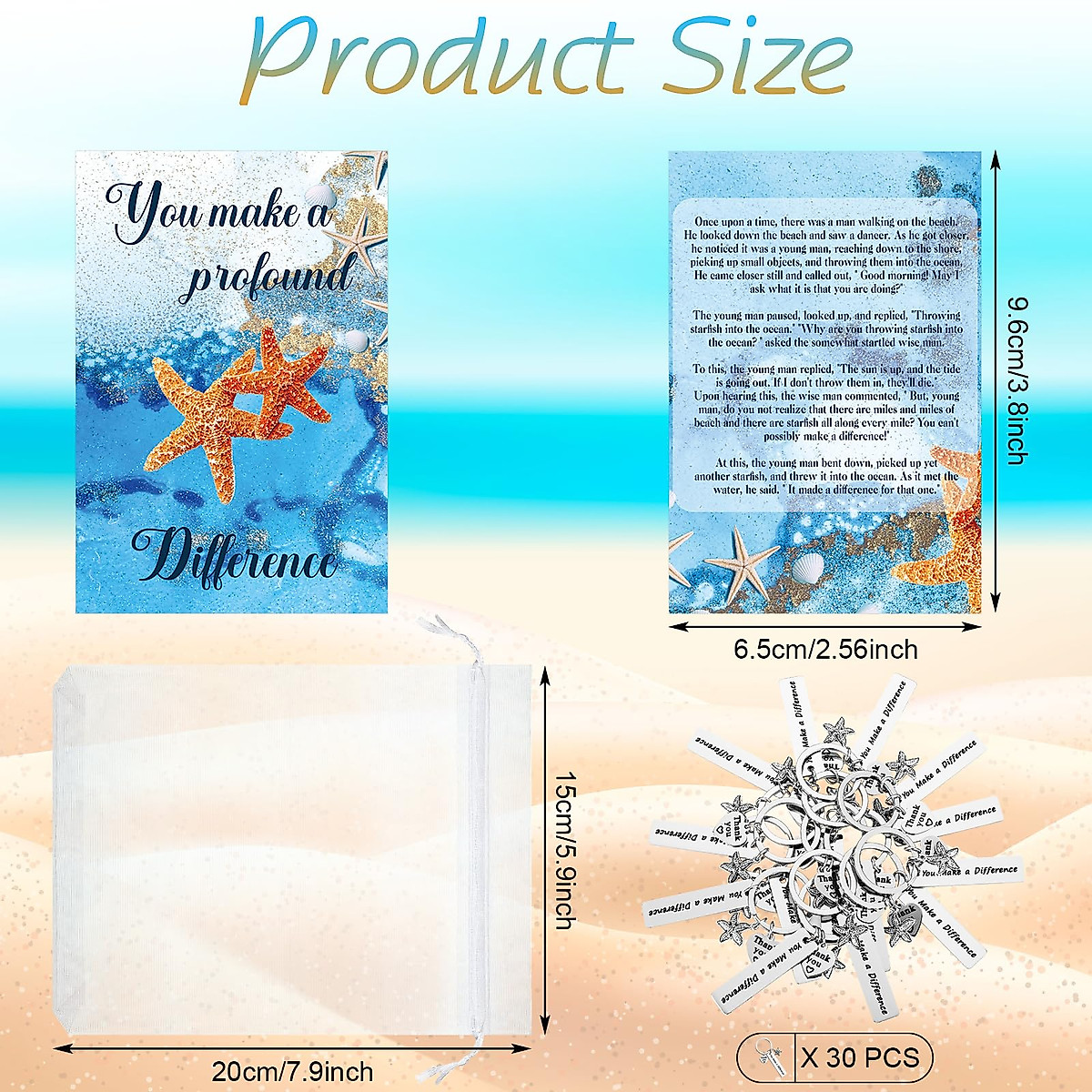 90 Pcs Starfish Story Gifts Mini Keepsake Appreciation Notecards Set Starfish Story Wallet Sized Cards Employee Gifts Drawstring Bags and Starfish Charms for Teacher Women Men (Elegant Style)