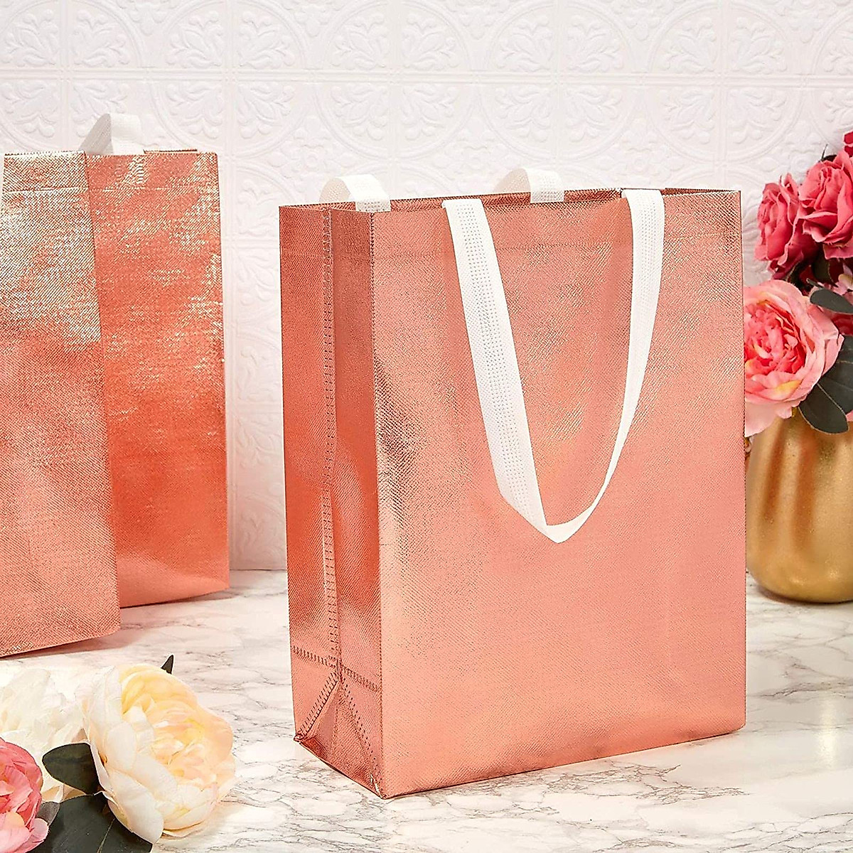 Sparkle and Bash Reusable Grocery Tote Bag for Shopping (Large, Rose Gold, 20 Pack)